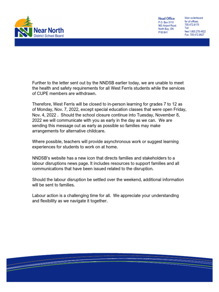 West Ferris Letter to Families - School Specific Communication - 2022 ...