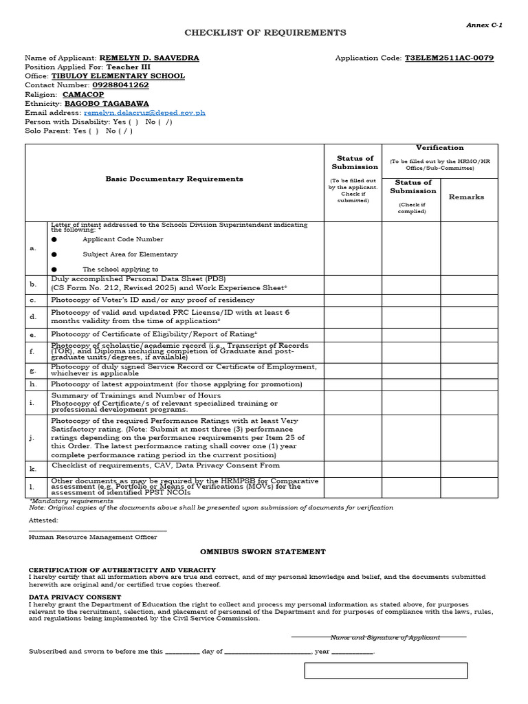 Teacher III Application Requirements Checklist | PDF