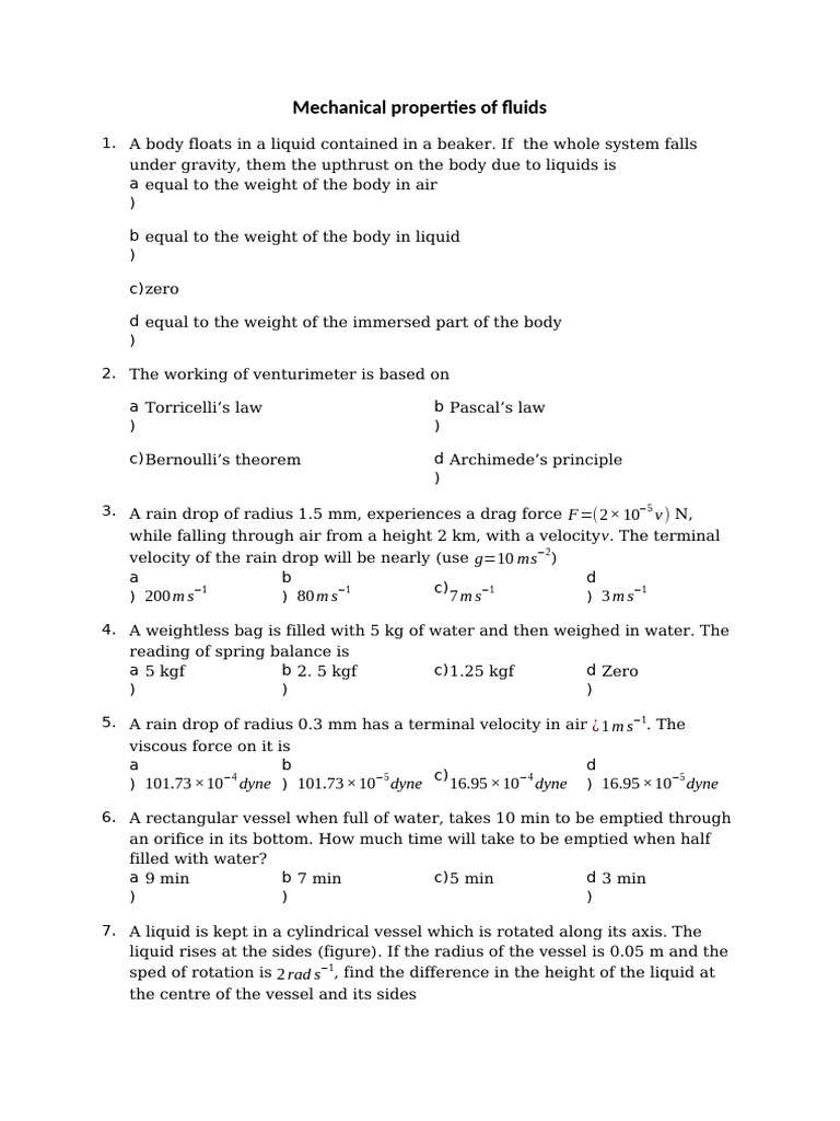 Mechanical Properties of Fluids Quiz | PDF | Liquids | Density