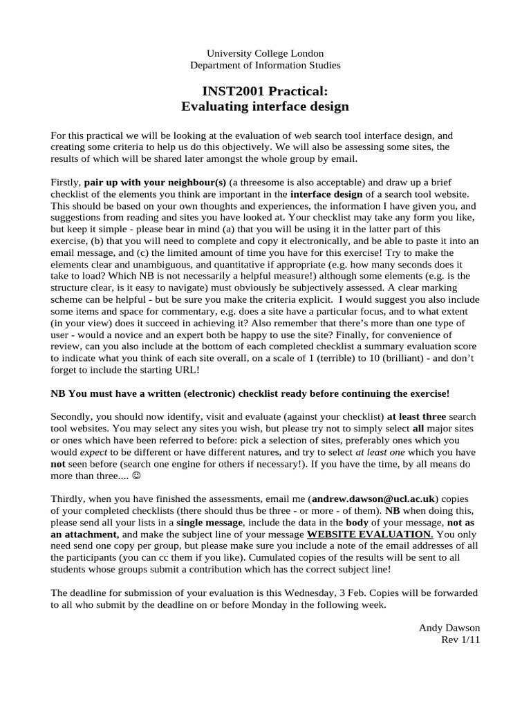 INST2001interface-evaluationprac-2011 | PDF | User Interface Design ...