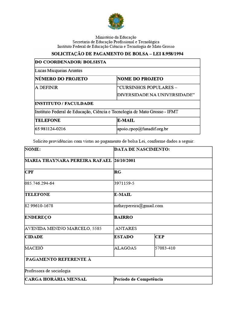 Modelo - Solicitac%Cc%a7a%Cc%83o de Pagamento de Bolsa %e2%80%93%2 ...