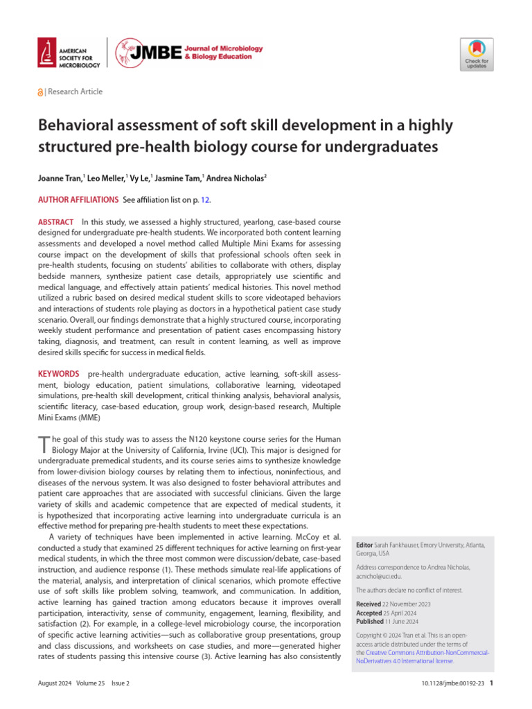 Tran Et Al 2024 Behavioral Assessment of Soft Skill Development in A ...