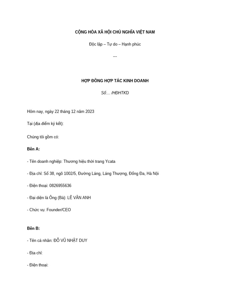 Mau Hop Dong Hop Tac Kinh Doanh Nhieu Ben | PDF
