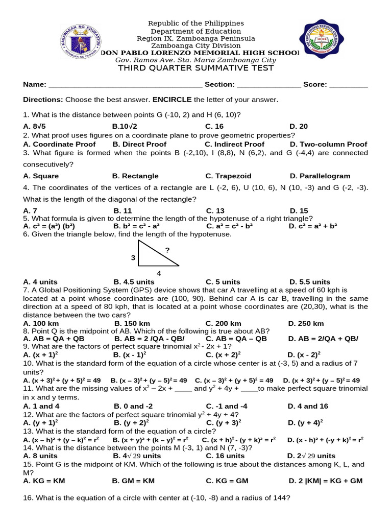 Third Quarter Math Summative Test | PDF | Rectangle | Mathematics