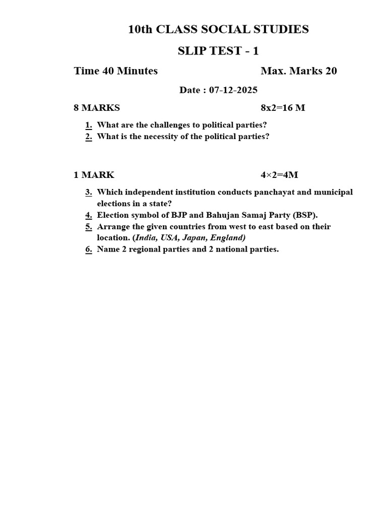 10th Class Social Studies Slip Test 1 | PDF