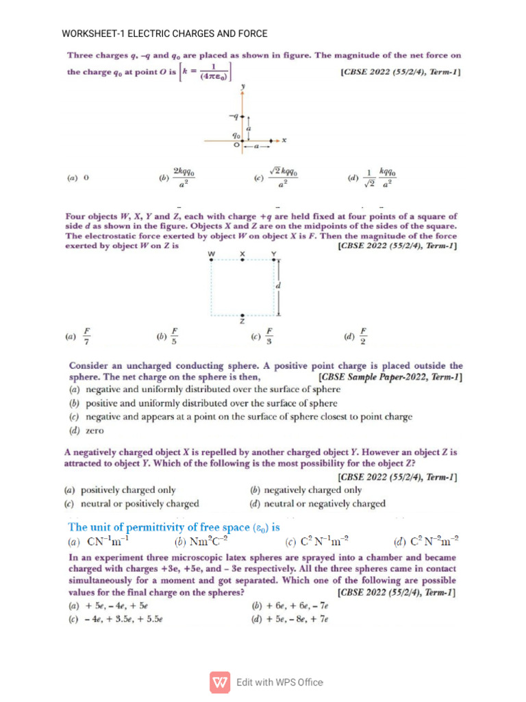 Electric Charges and Coulomb Force Worksheet | PDF