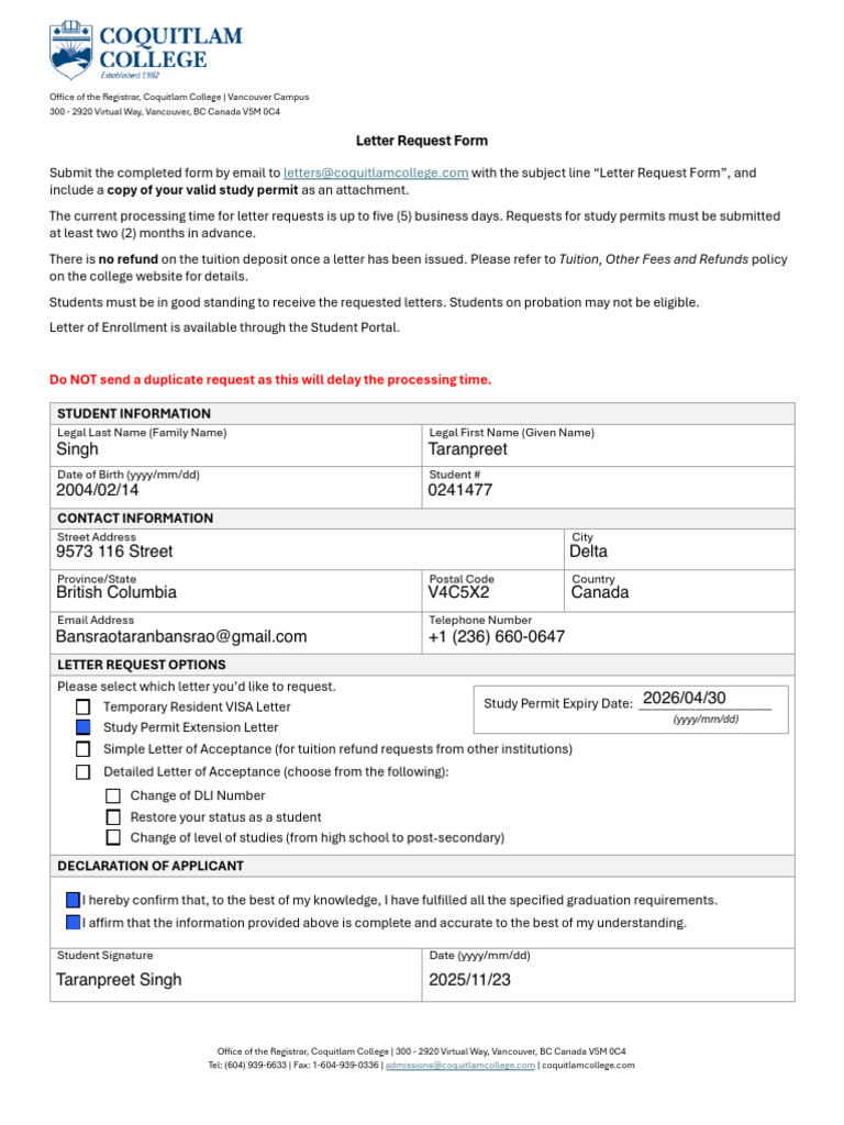 Coquitlam College Letter Request Guide | PDF