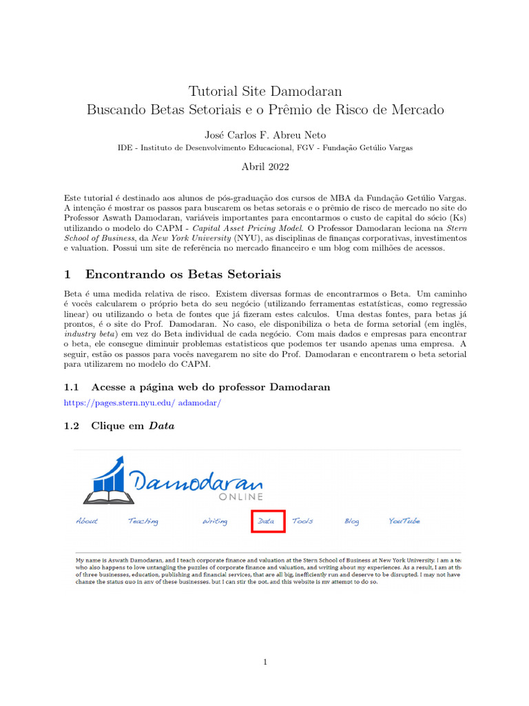 Alunos - 01 - Tutorial_Site_ Damodaran - Betas e Premio de Risco | PDF ...