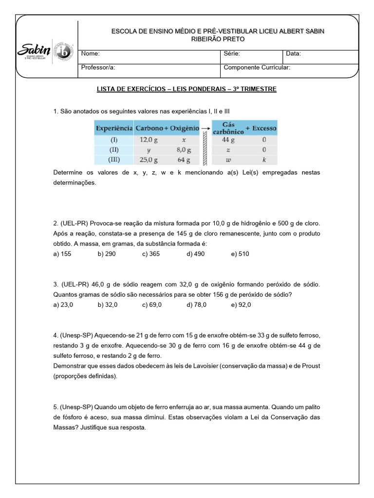 Exercícios de Leis Ponderais e Estequiometria | PDF | Dióxido de ...