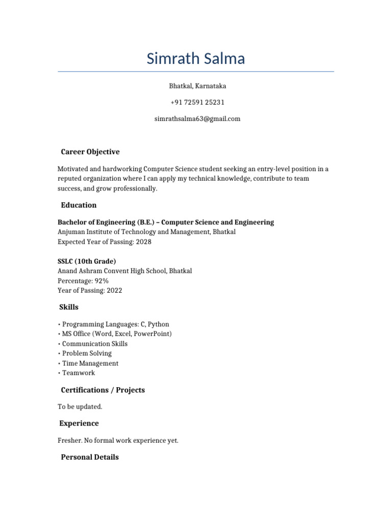 Simrath Salma Resume | PDF