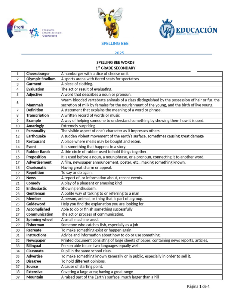 1st Grade Spelling Bee Word List | PDF | Noun | Linguistics