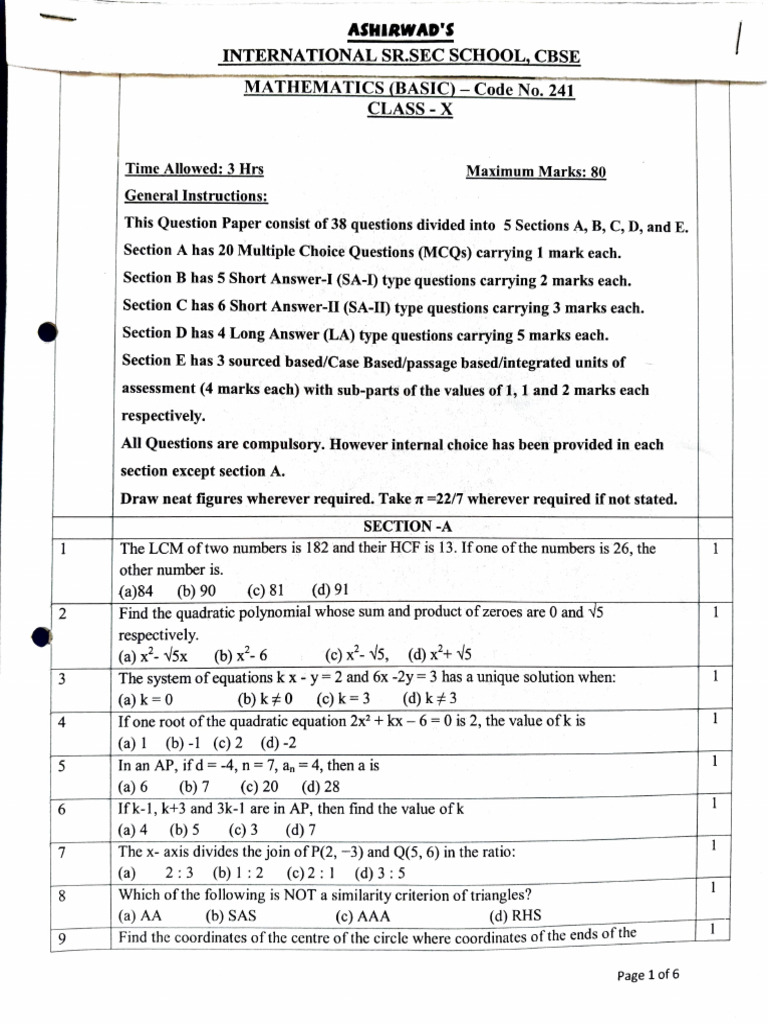 Grade 10 Maths Topper Question Paper | PDF
