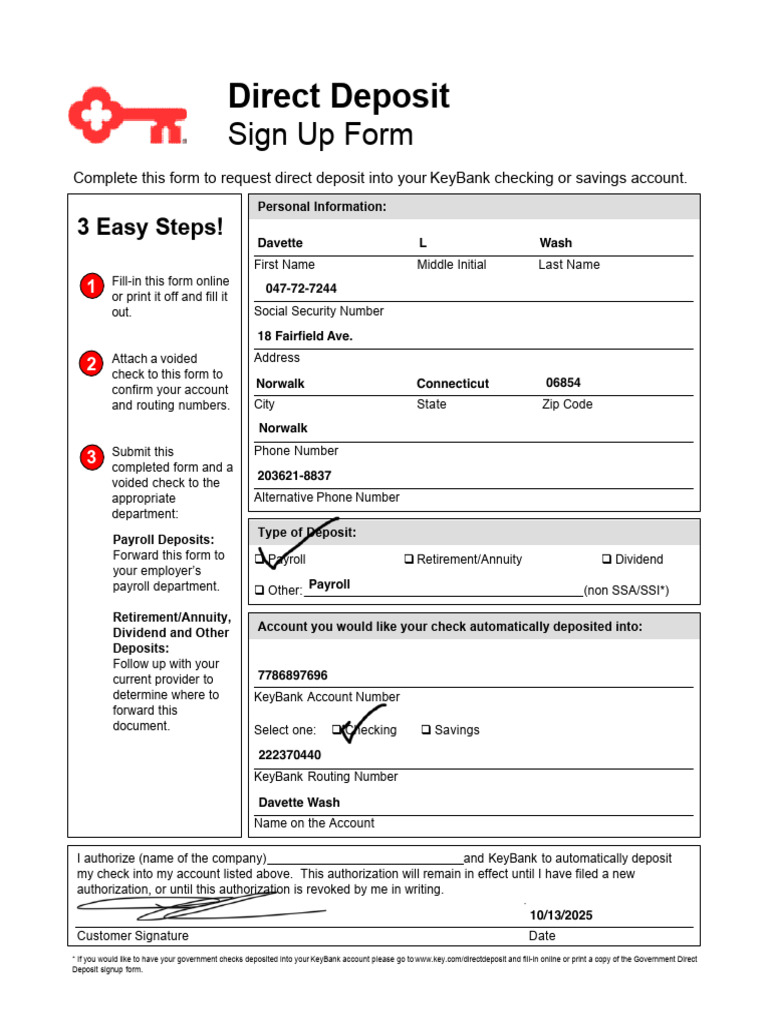 Direct Deposit - Key Bank | PDF | United States Economic Policy