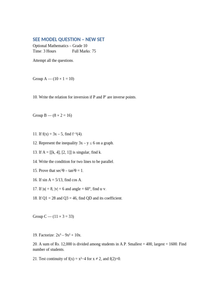 SEE Model Question New Set | PDF