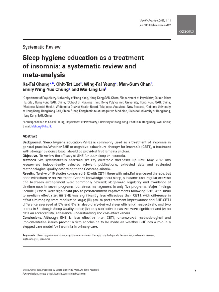 Sleep Hygiene as a Treatment of Insomnia | PDF | Insomnia | Systematic ...