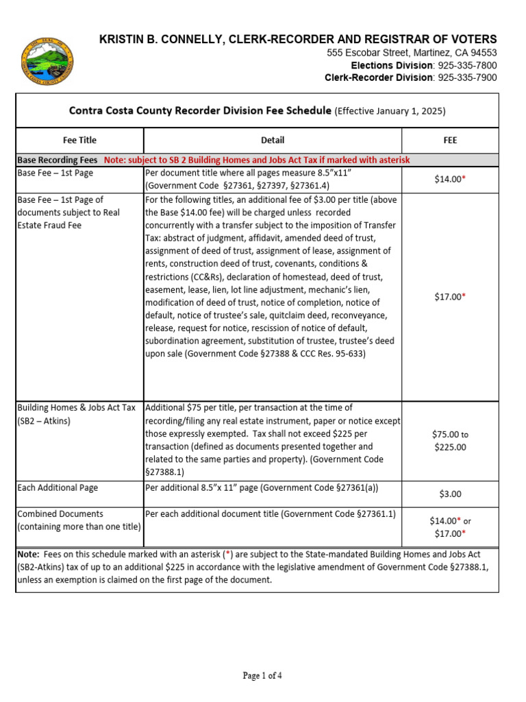 Contra Costa County Recording Fees 2025 | PDF | Covenant (Law) | Deed ...