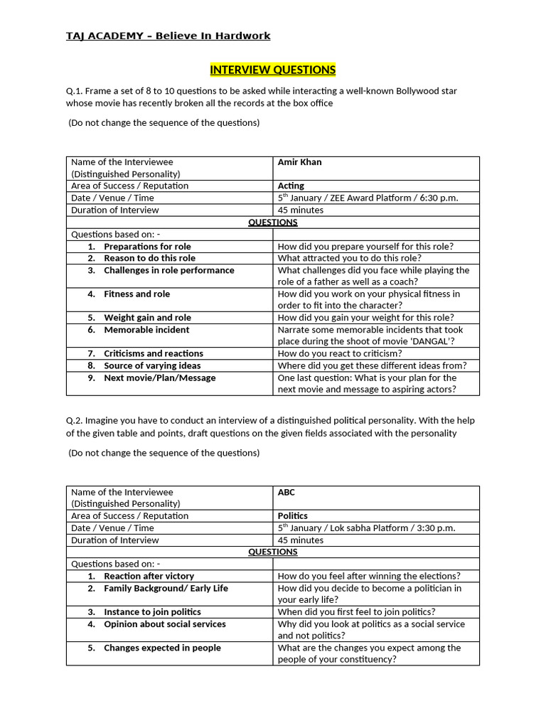 Interview Questions for Notable Personalities | PDF
