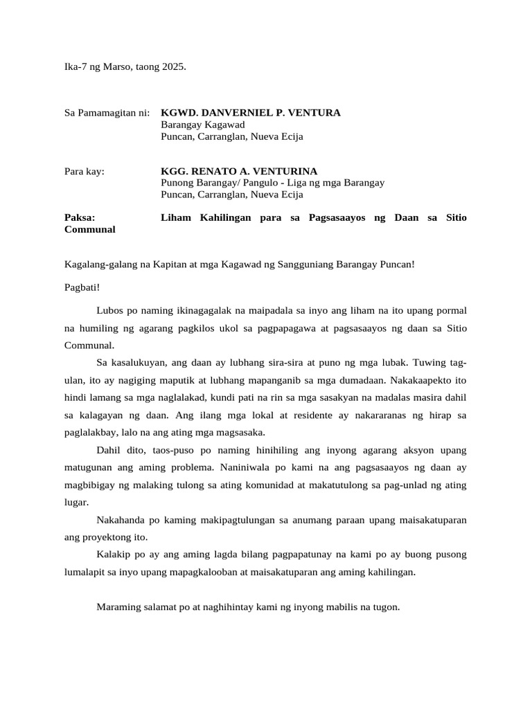 Liham-Kahilingan Sa Daan | PDF