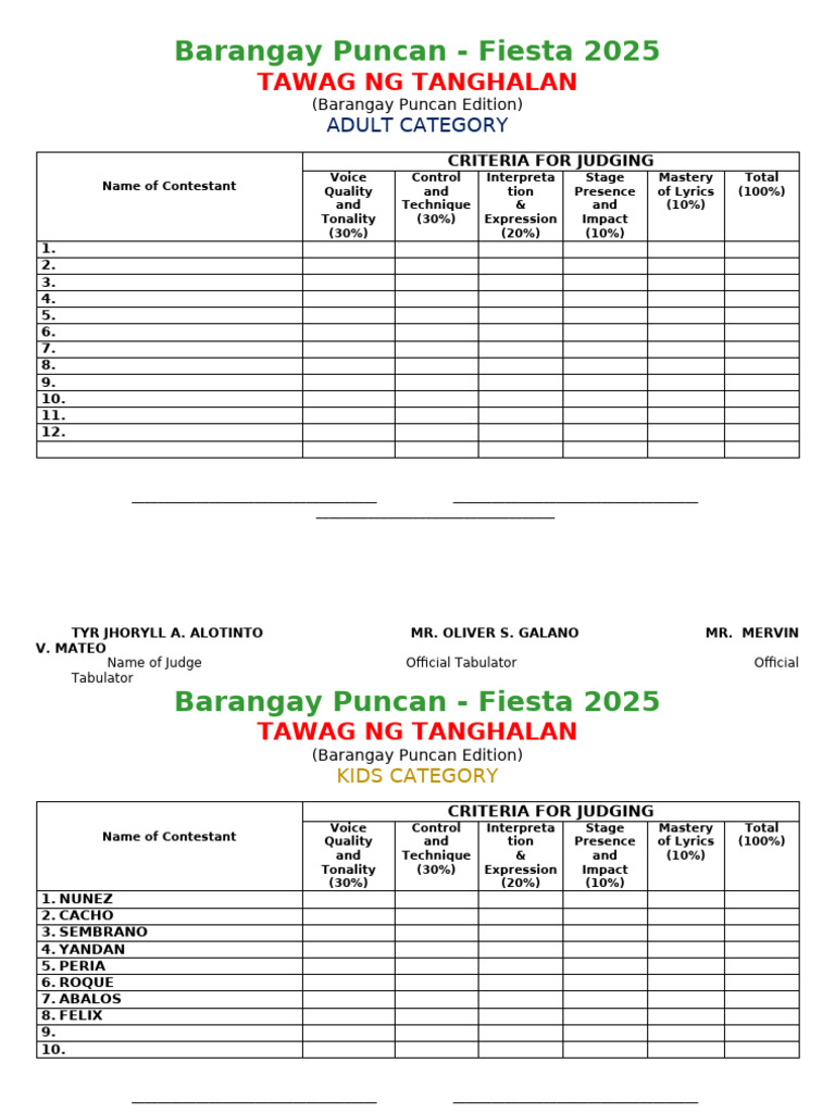 Barangay Puncan Fiesta 2025 Singing Contest | PDF