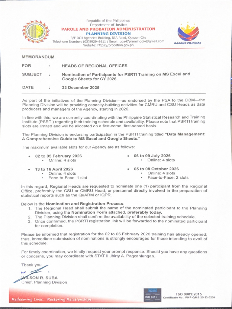 Memo Re Nomination of Participants for PSRTI Training on MS Excel and ...