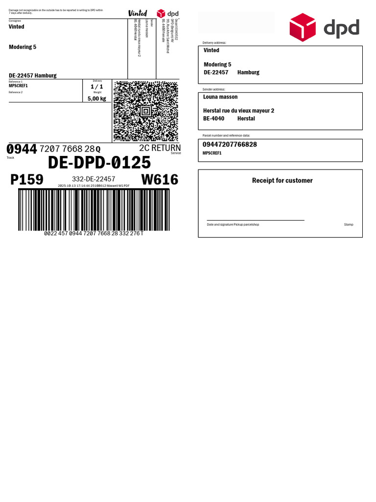 DPD Delivery Receipt for Vinted Return | PDF | Freight Transport