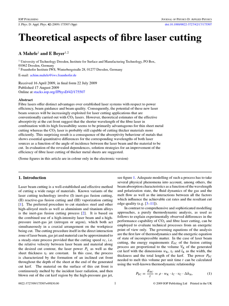Theoretical Aspects of Fibre Laser Cutting | PDF | Refractive Index ...