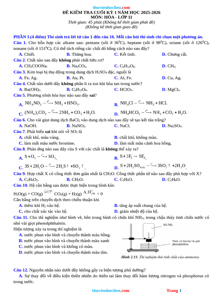 De Kiem Tra HK1 Hoa 11 Nam 25 26 | PDF