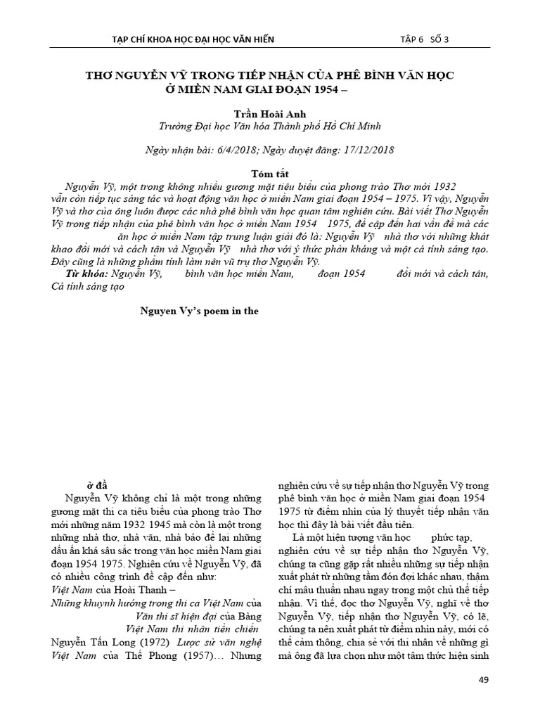 Trần, HA. 2018. Nguyen Vy's Poem in The Reception of Literary Criticism ...