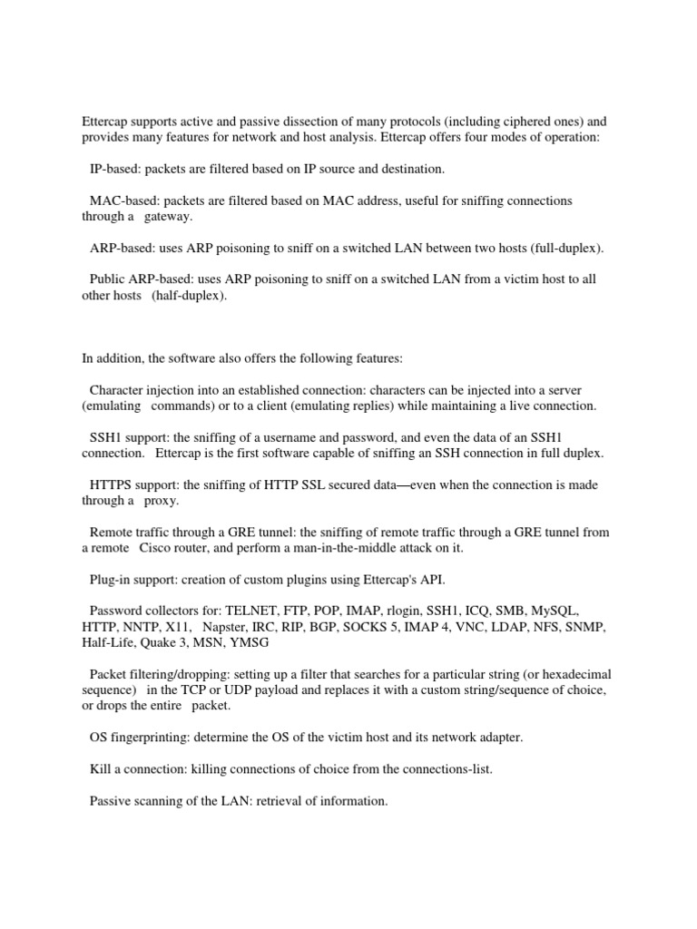 Ettercap Features | Download Free PDF | Internet | Computer Architecture