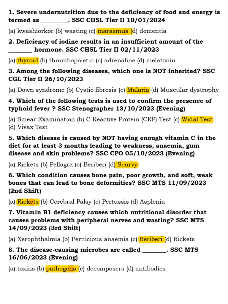 Nutrition and Disease Quiz Questions | PDF | Nutrients | Vitamin