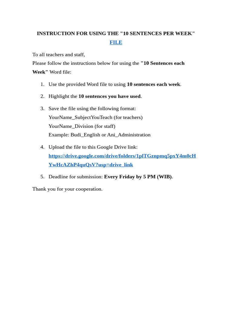 INSTRUCTION 10 Sentences Each Week | PDF