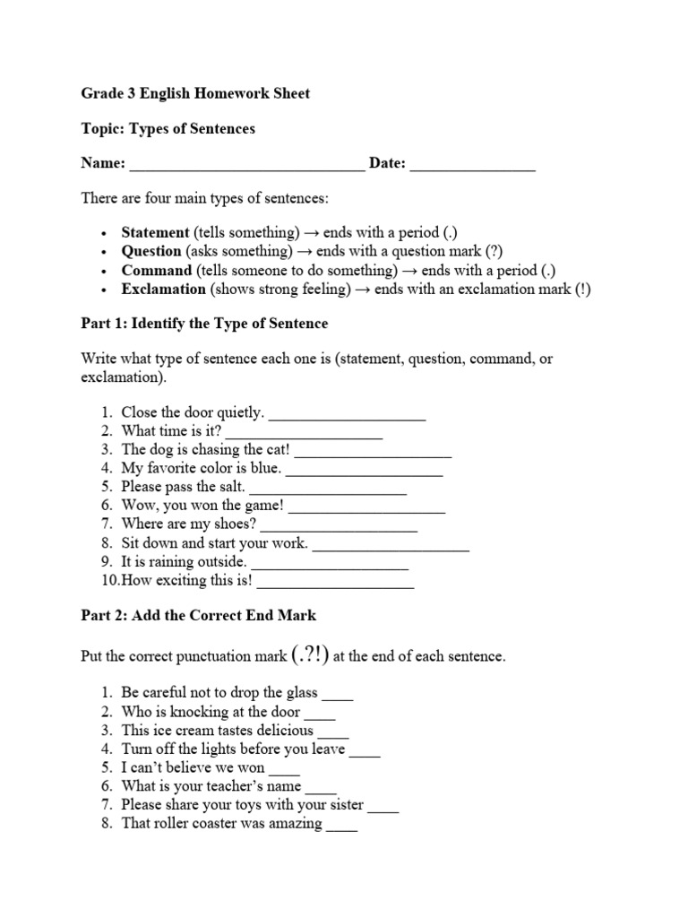 Grade 3 English Homework Sheet Sentences | PDF | Chess Openings | Chess ...