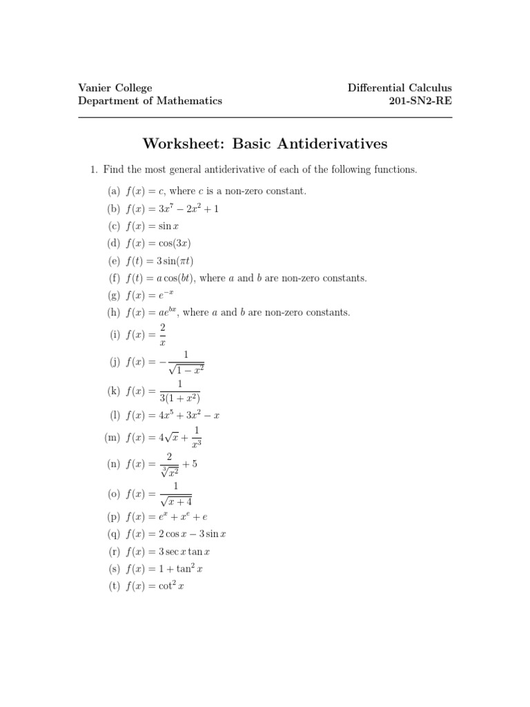 Basic Antiderivatives Worksheet | PDF | Mathematical Objects ...