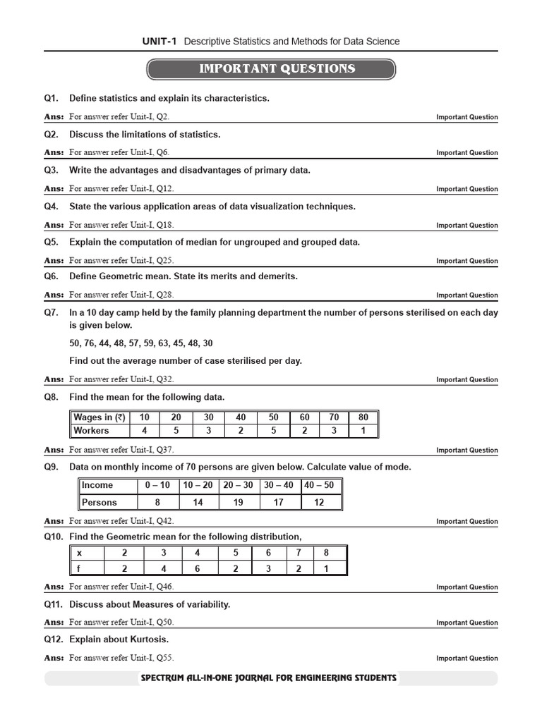 Important Questions on Statistics and Data Analysis | PDF | Probability ...