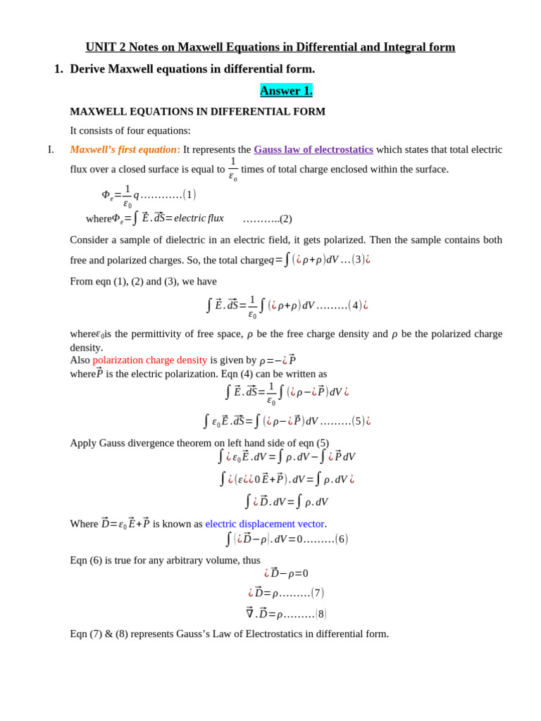 UNIT 2 Notes on Maxwell Equations in Differential and Integral Form ...