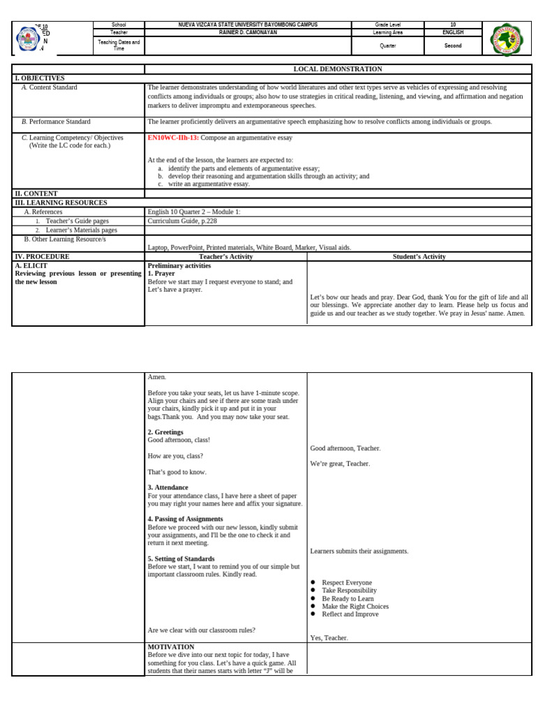 Grade 10 Argumentative Essay Lesson Plan | PDF | Essays | Argument
