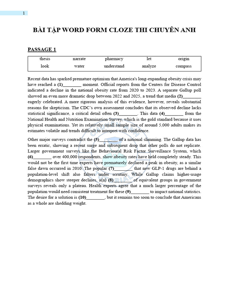 Bài Tập Word Form Cloze Thi Chuyên Anh | PDF | Obesity