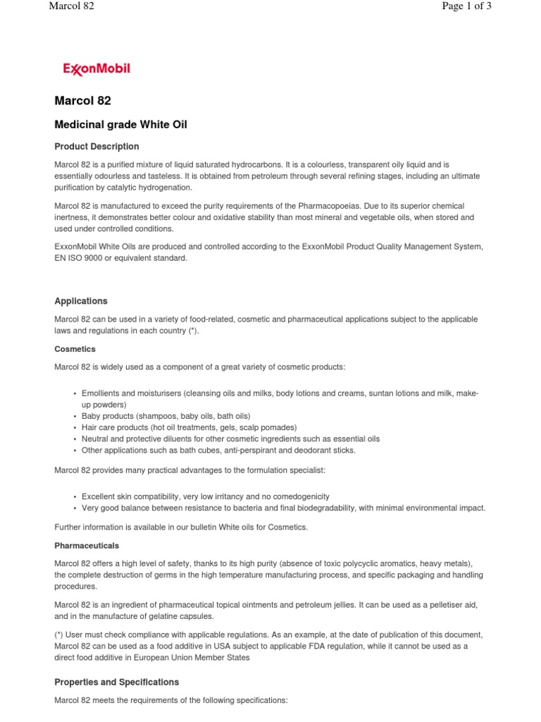 Marcol 82 - PDS | PDF | Exxon Mobil | Cosmetics