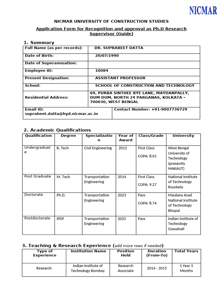 NICMAR Ph.D. Supervisor Application Form | PDF | Doctor Of Philosophy
