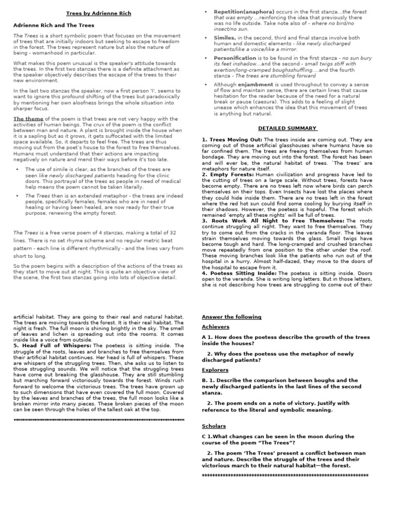 Trees by Adrienne Rich-Notes | PDF | Trees | Poetry