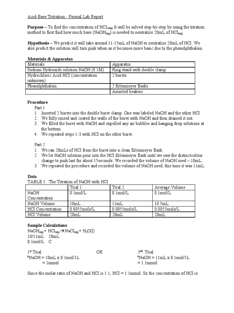 NaOH-HCl Titration Lab Report | PDF | Sodium Hydroxide | Molar ...