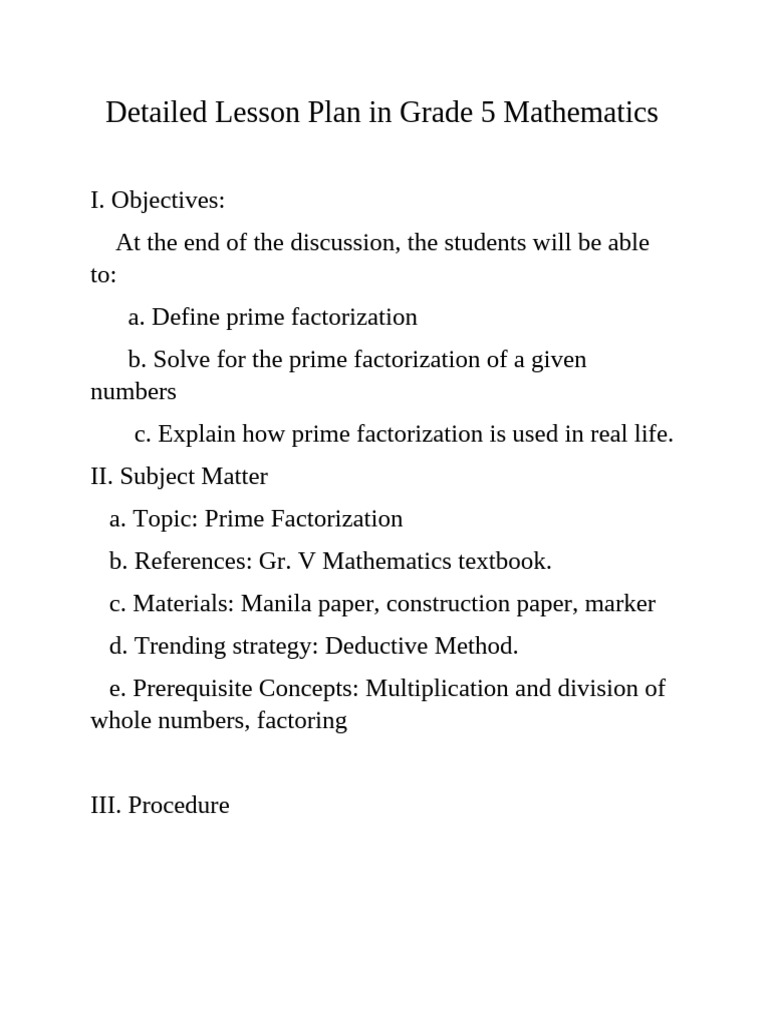 Detailed Lesson Plan in Grade 5 Mathematics | PDF | Prime Number ...