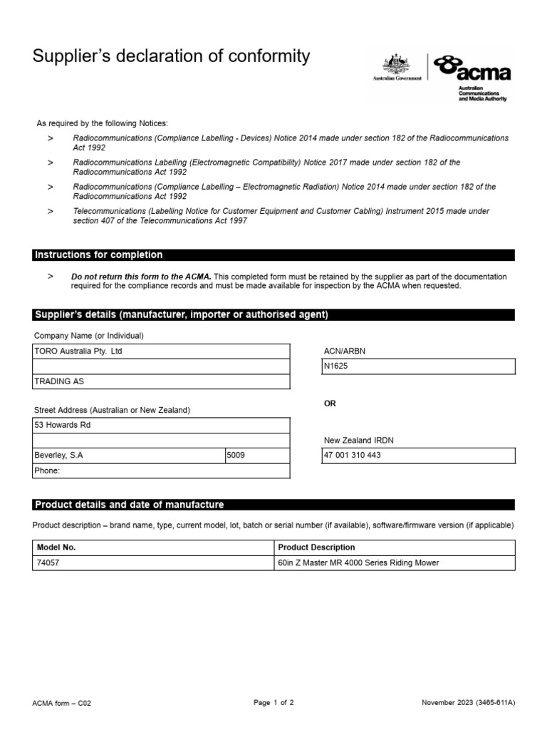 TORO - Supplier's Declaration of Conformity | PDF | Regulatory ...