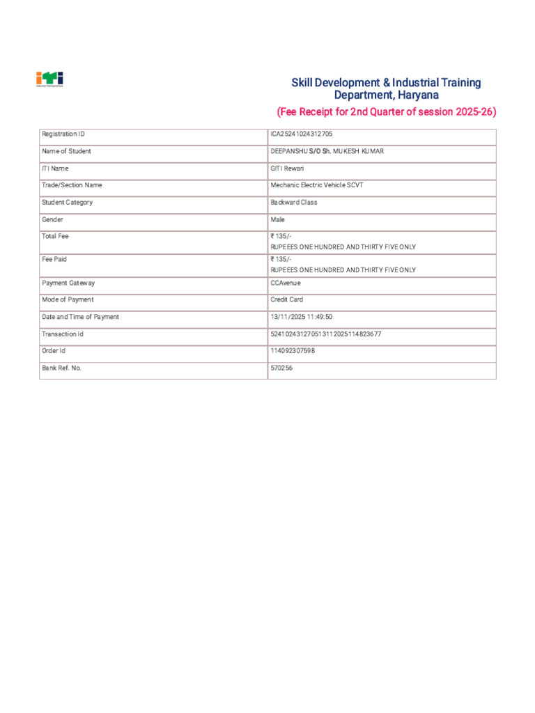 Fee Receipt for ITI Mechanic Course | PDF