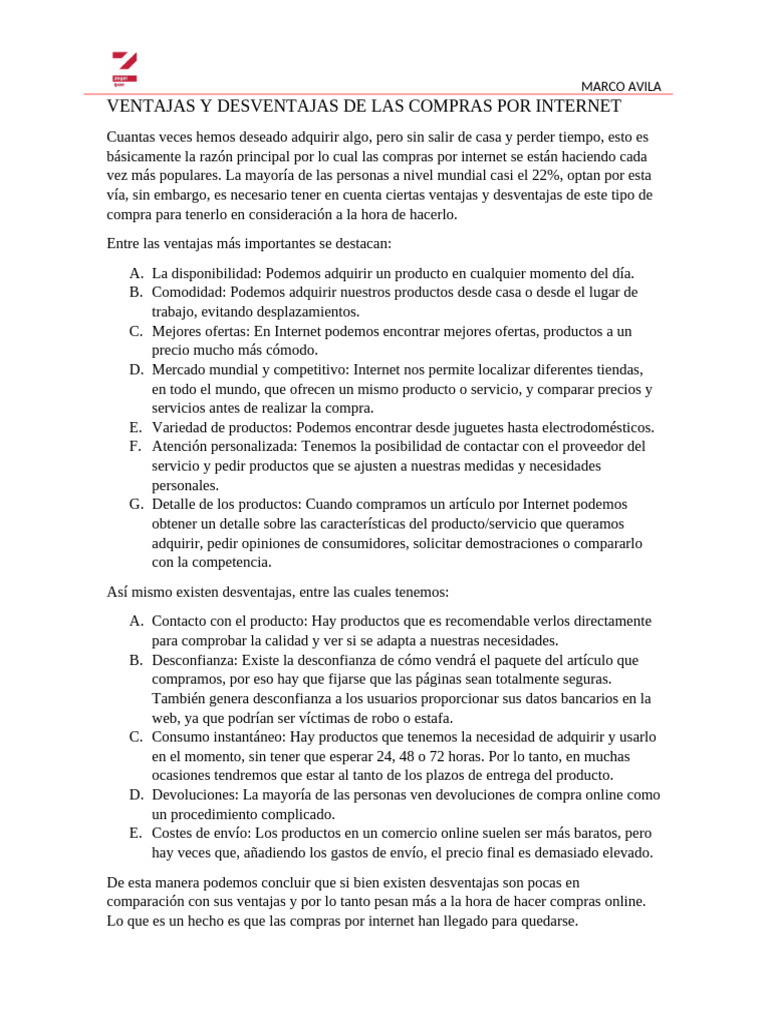 Ventajas y Desventajas de Las Compras Por Internet | PDF | Internet ...