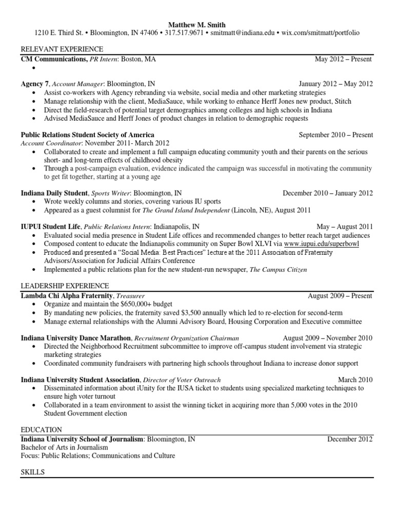 Working Resume | PDF | Indiana University Bloomington | Public Relations