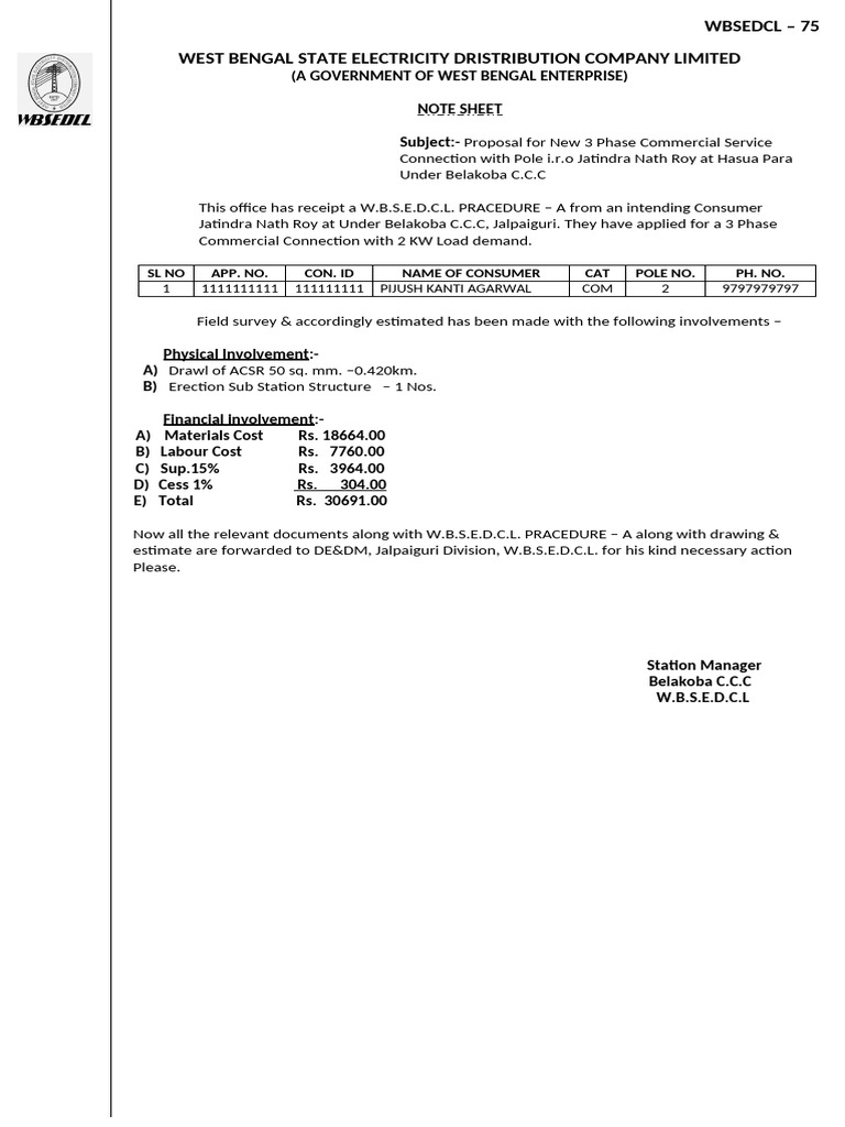 Proposal for 3 Phase Connection at Hasua | PDF
