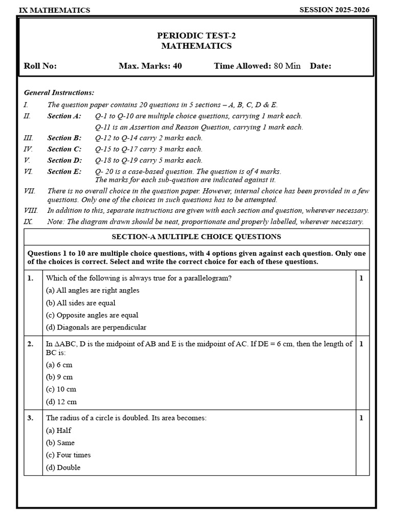 Periodic Test (IX - Mathematics) | PDF | Area | Rectangle