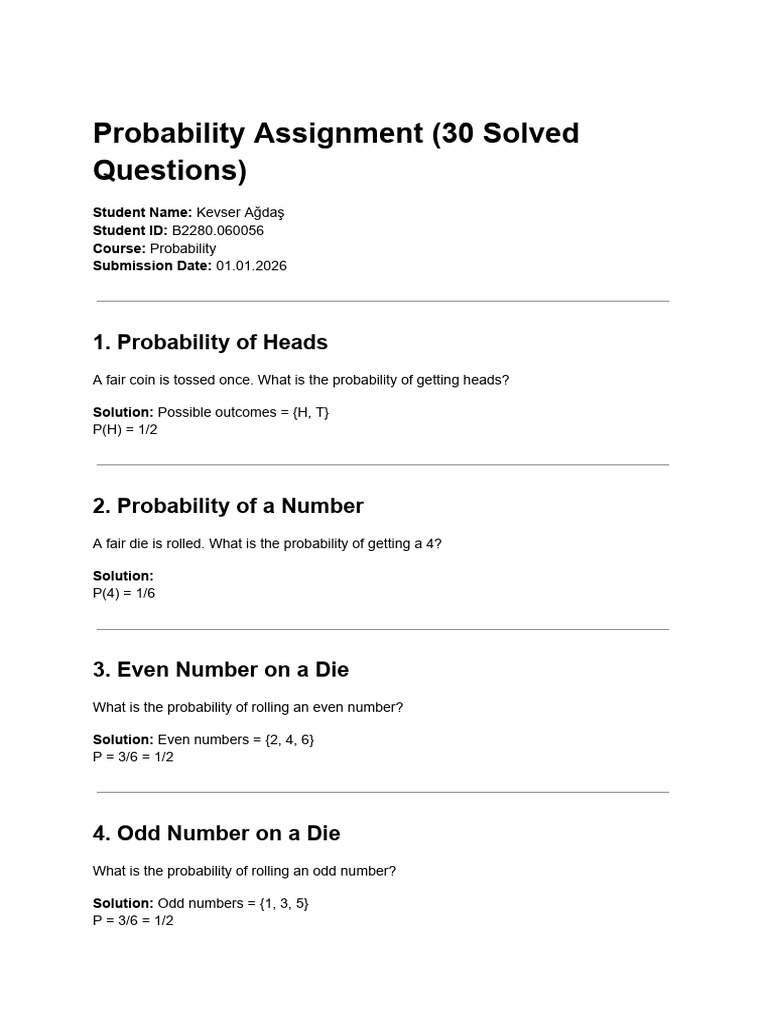Probability Assignment (30 Solved Questions) | PDF | Probability | Odds