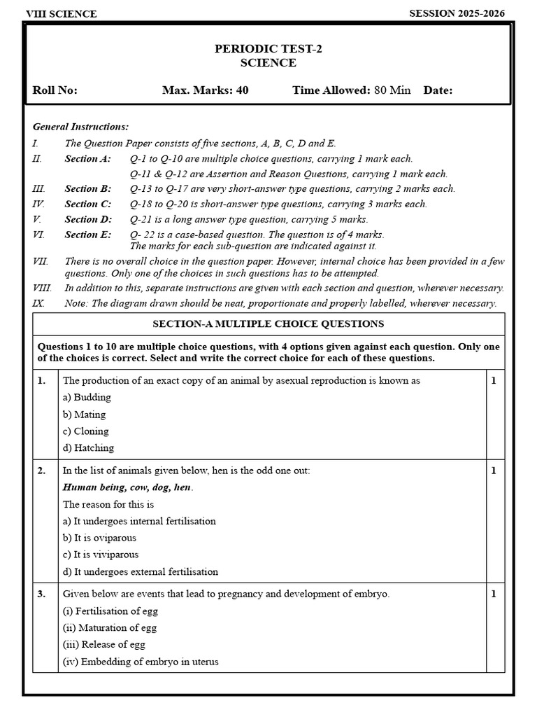 Periodic Test (VIII - Science) | PDF | Force | Pressure